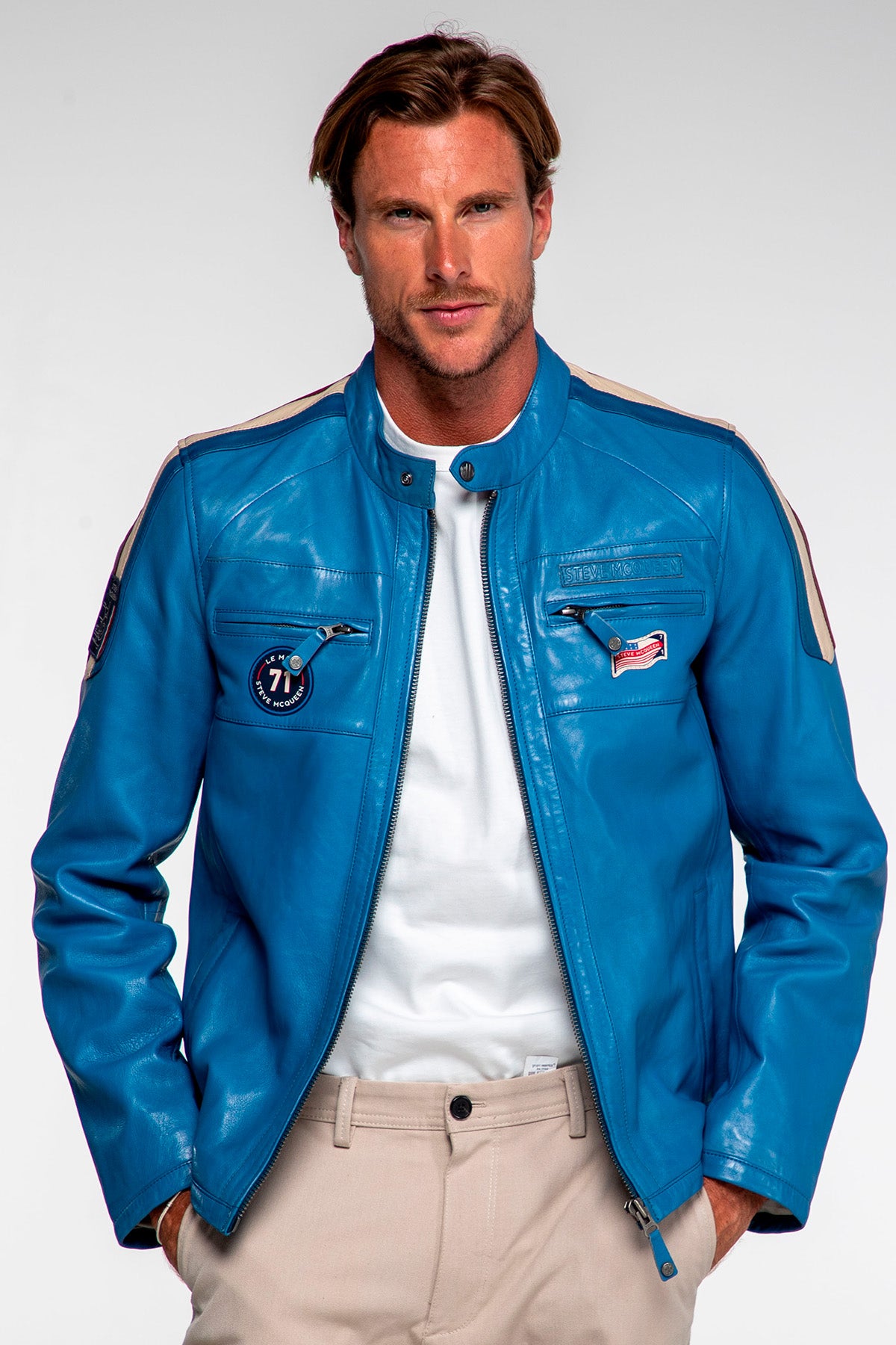 Blouson en cuir Steve McQueen x Le Mans Indiana bleu capitaine Homme ...